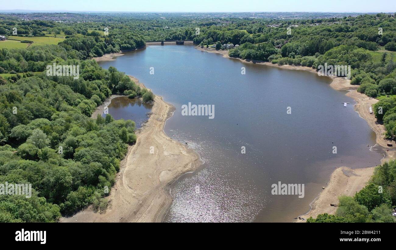 Aerial view of Jumbles Reservoir in North West England, where water ...