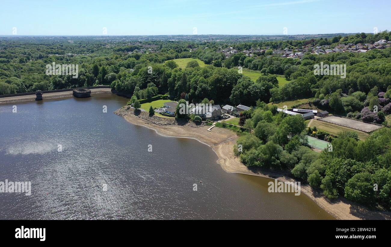 Aerial view of Jumbles Reservoir in North West England, where water ...