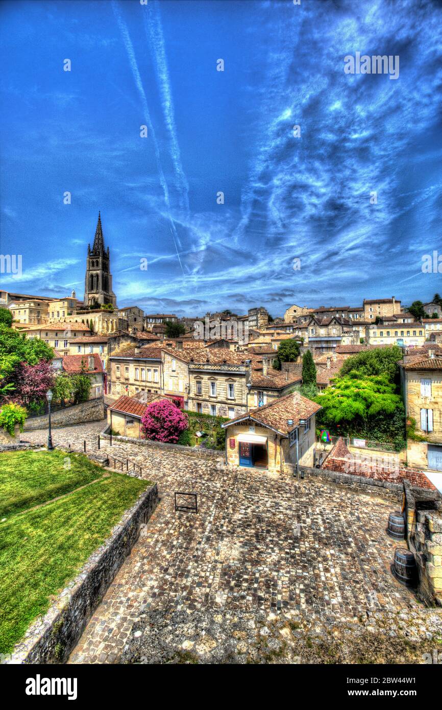 Town of Saint-Emilion, France. Artistic panoramic view overlooking the ...