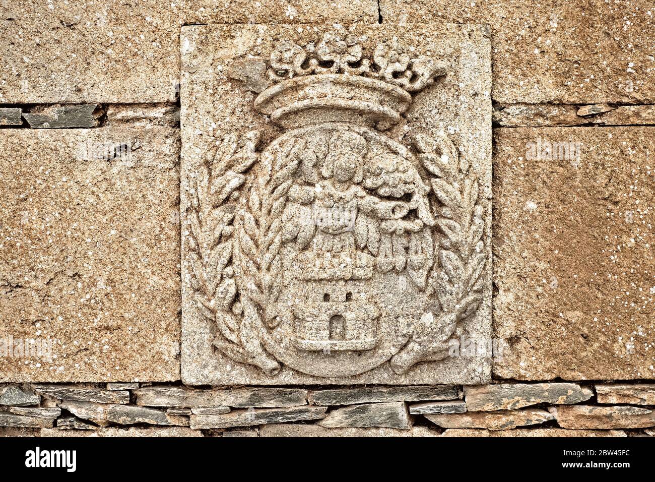 City emblem, coat of arms in stone relief, Medieval decorative art ...