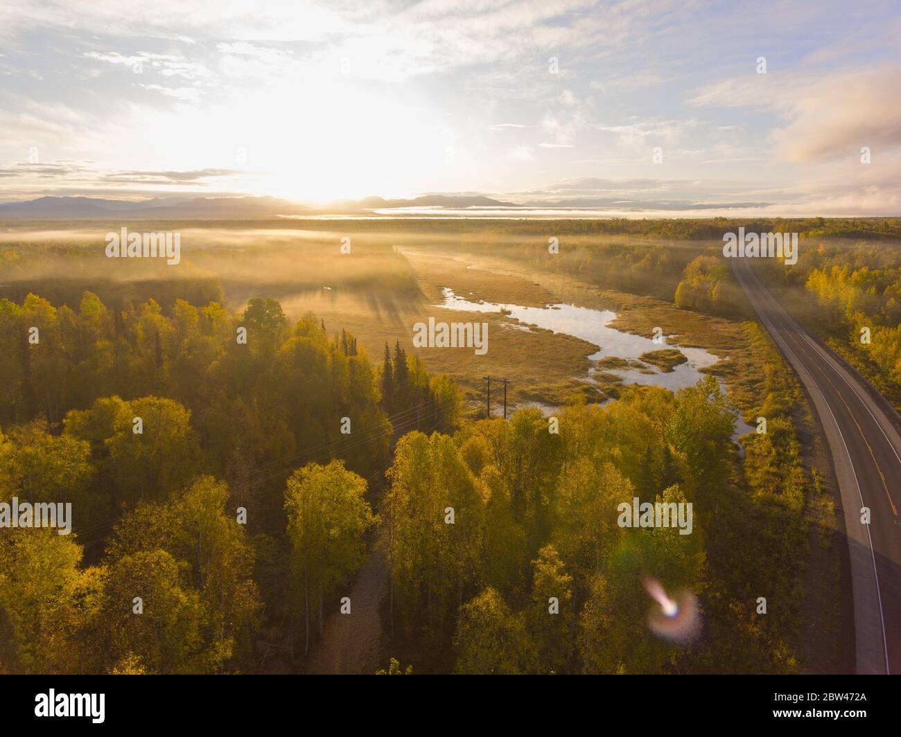 Alaska Route 3 aka George Parks Highway and Alaska landscape aerial ...