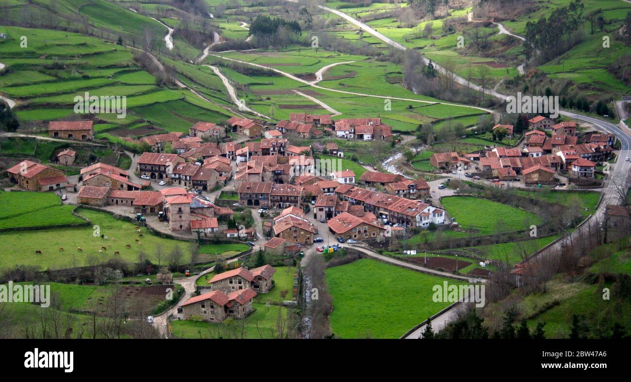 Hill top view of a typical village in Northern Spain Cantabria Spain ...