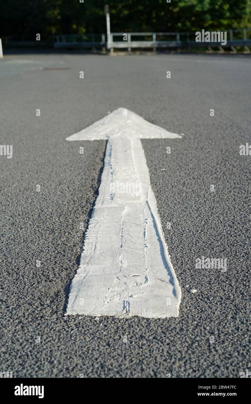 Close up of painted white arrow on ground tarmac in UK supermarket ...