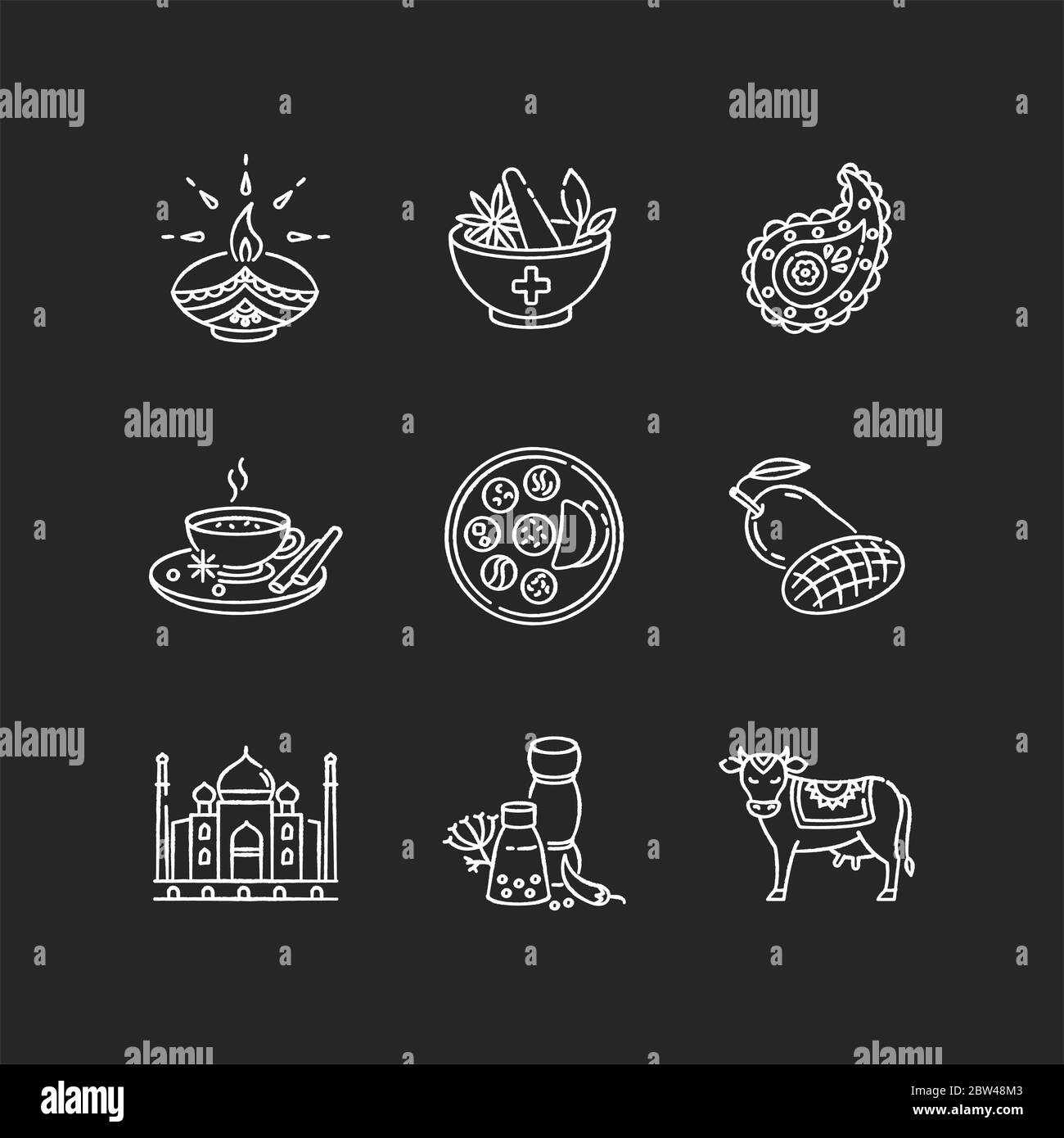 Indian traditions chalk white icons set on black background Stock ...