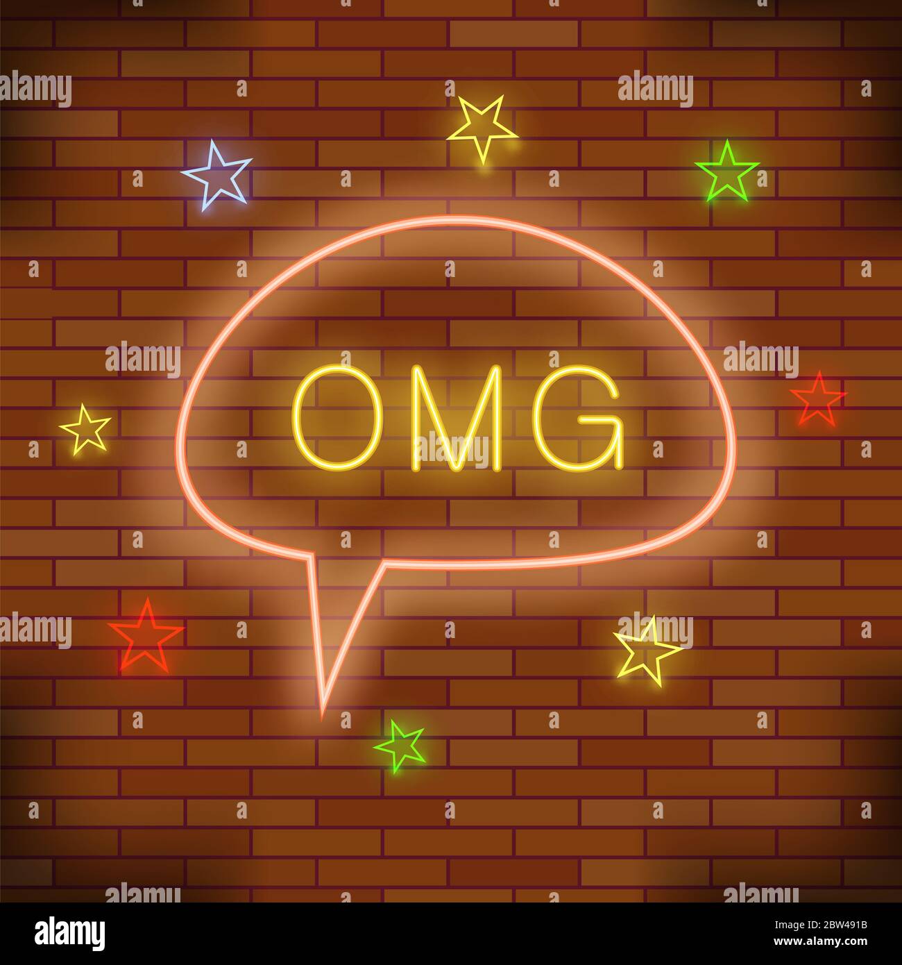 OMG Neon Light. Orange Brick Wall Background. Colorful Starry Pattern ...