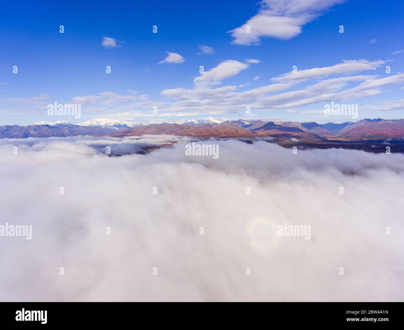 Denali and Alaska Range mountains aerial view over the cloud in fall ...
