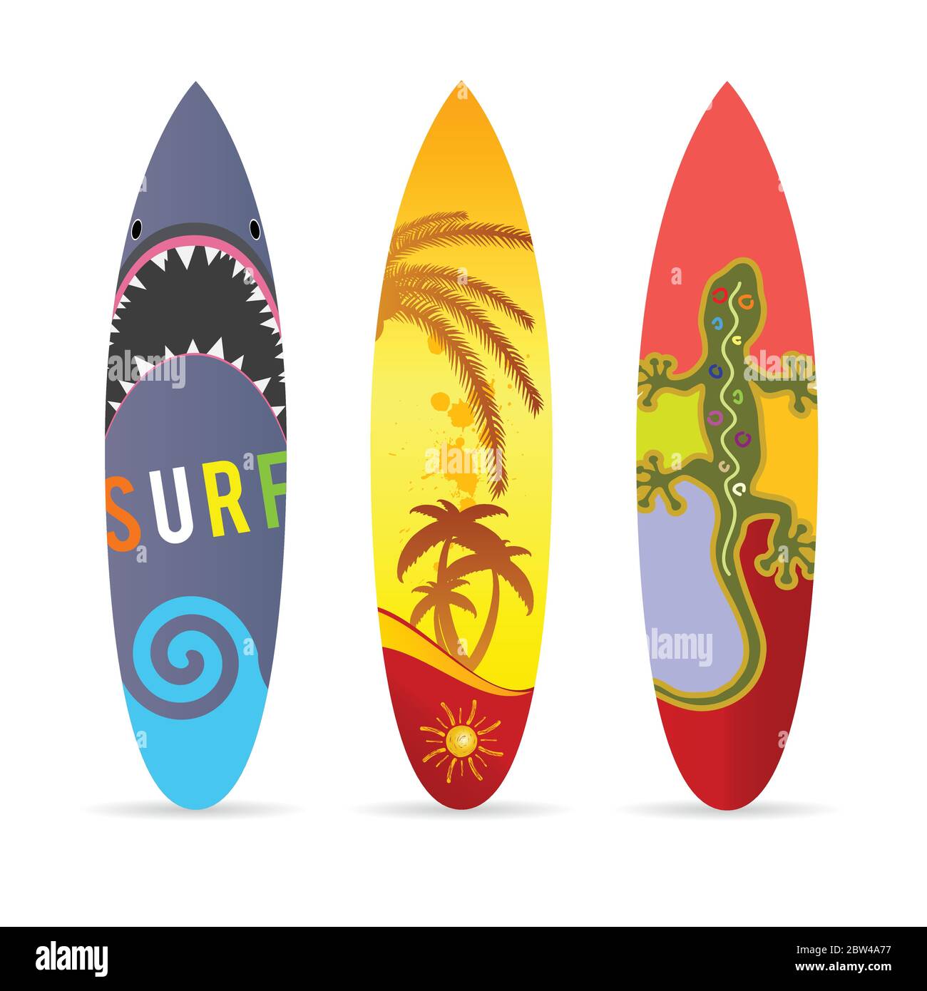 surf board set in various color illustration on white Stock Vector ...