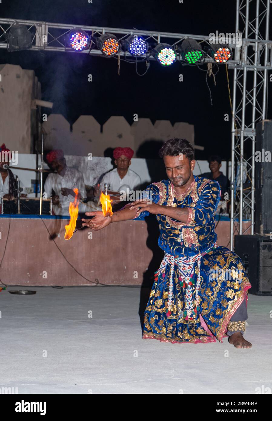 Fire Show, Man breathing fire and dancing with flame, Jaisalmer Stock ...