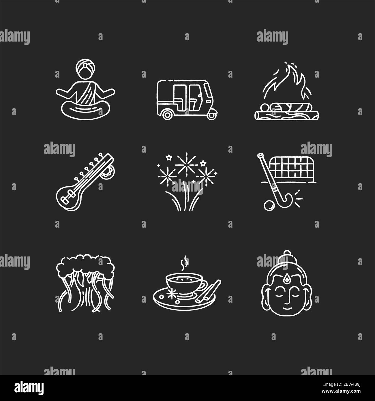 Indian customs chalk white icons set on black background Stock Vector ...