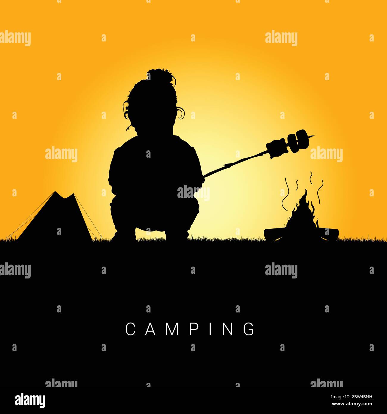 child camping in nature silhouette art color illustration Stock Vector ...
