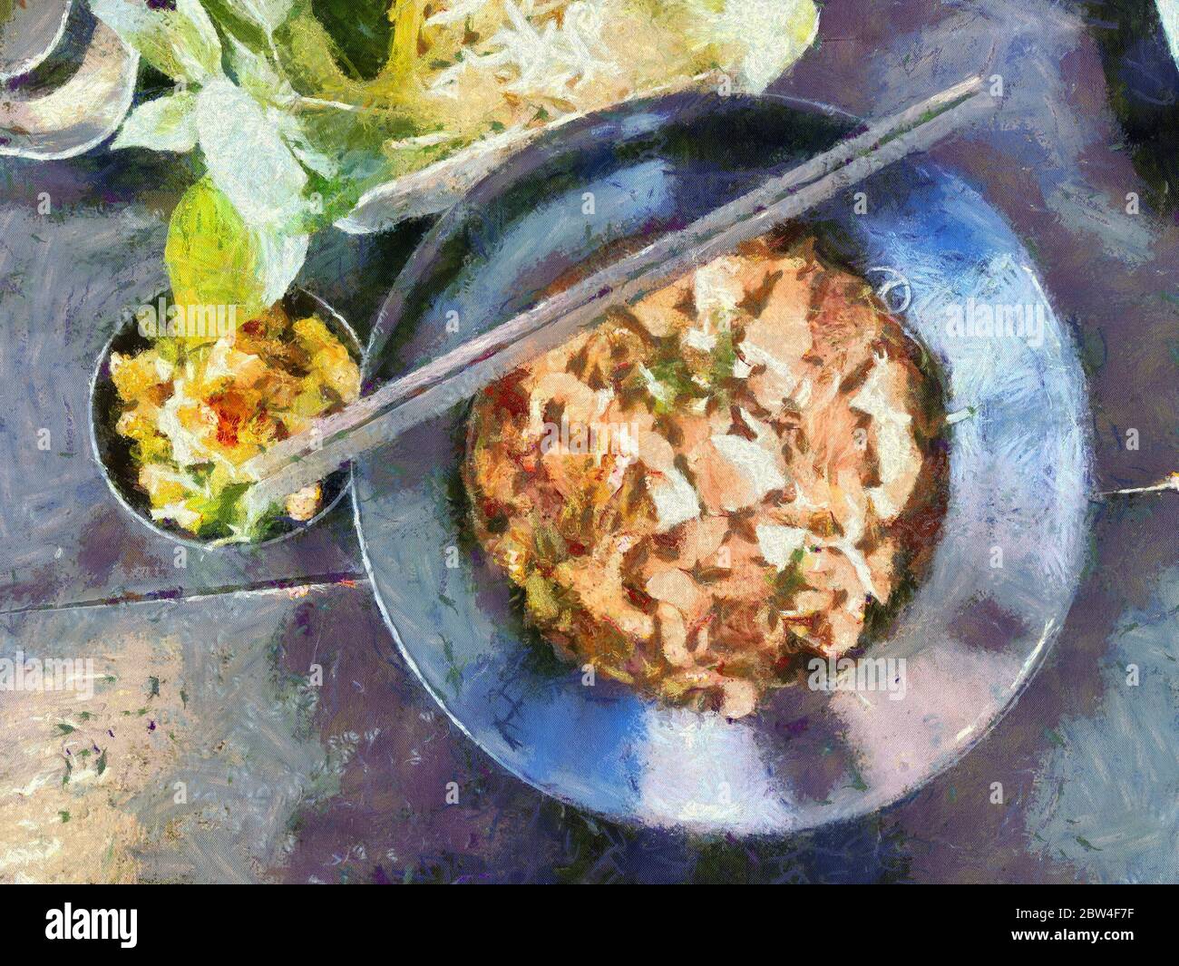Beef noodles in a black plate Illustrations creates an impressionist ...