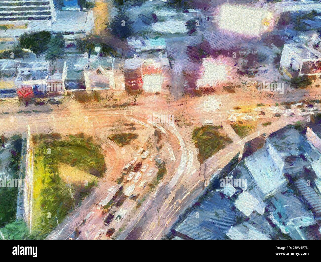 Three-way intersection at night from above Illustrations creates an ...