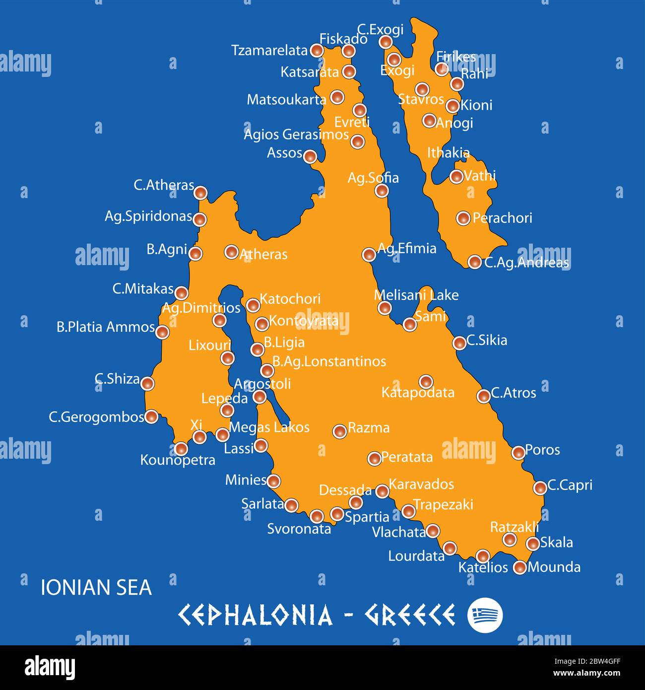 Island of cephalonia in Greece orange map art and blue background Stock ...