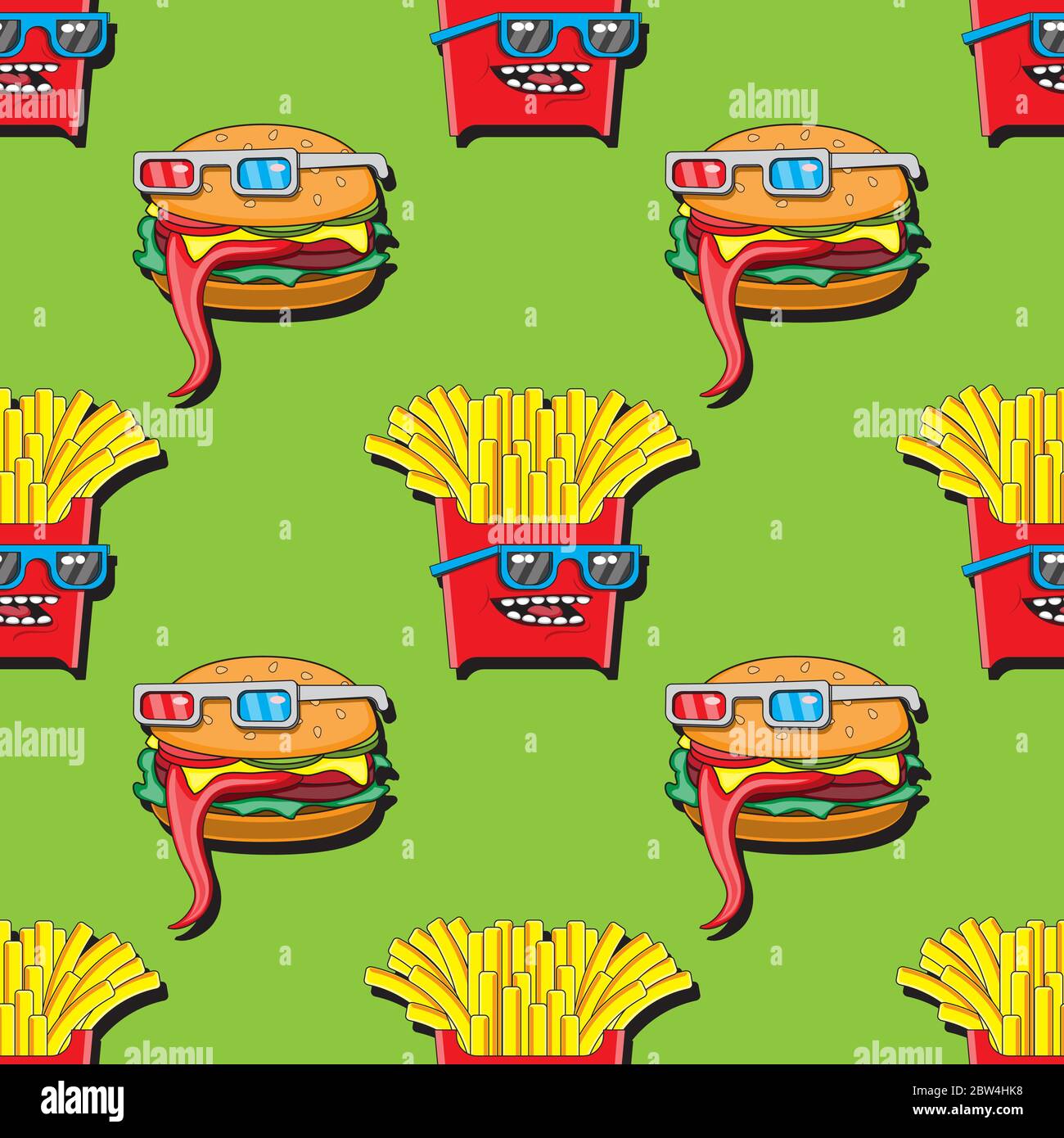 seamless pattern cartoon character fries and Burger in glasses on a ...