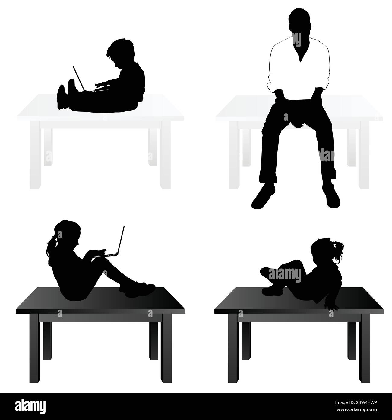 children and man siting on table set illustration Stock Vector Image ...