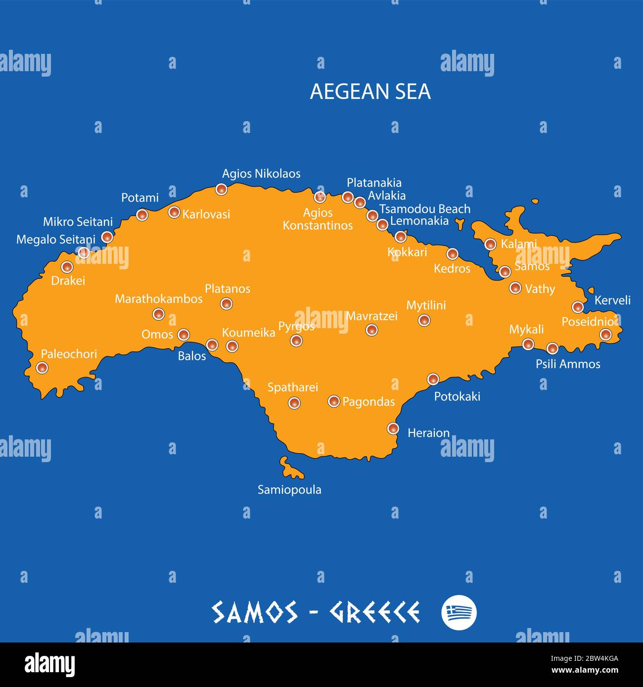 Island of Samos in Greece orange map art and blue background Stock ...