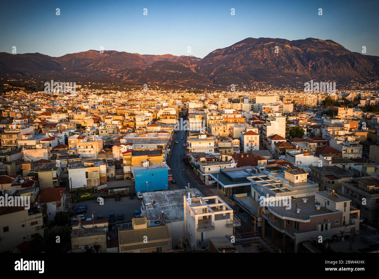 Aerial view of the wonderful old town of Kalamata City and the ...