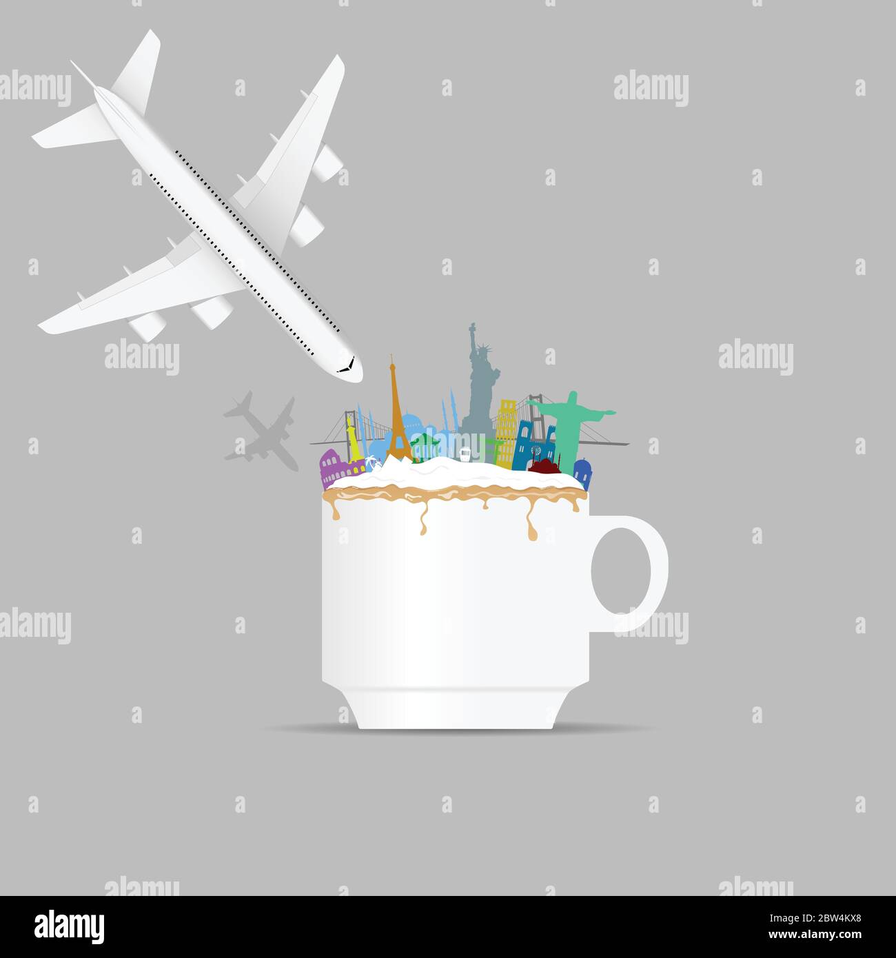 airplane and cup of coffee with historic famous monuments art ...