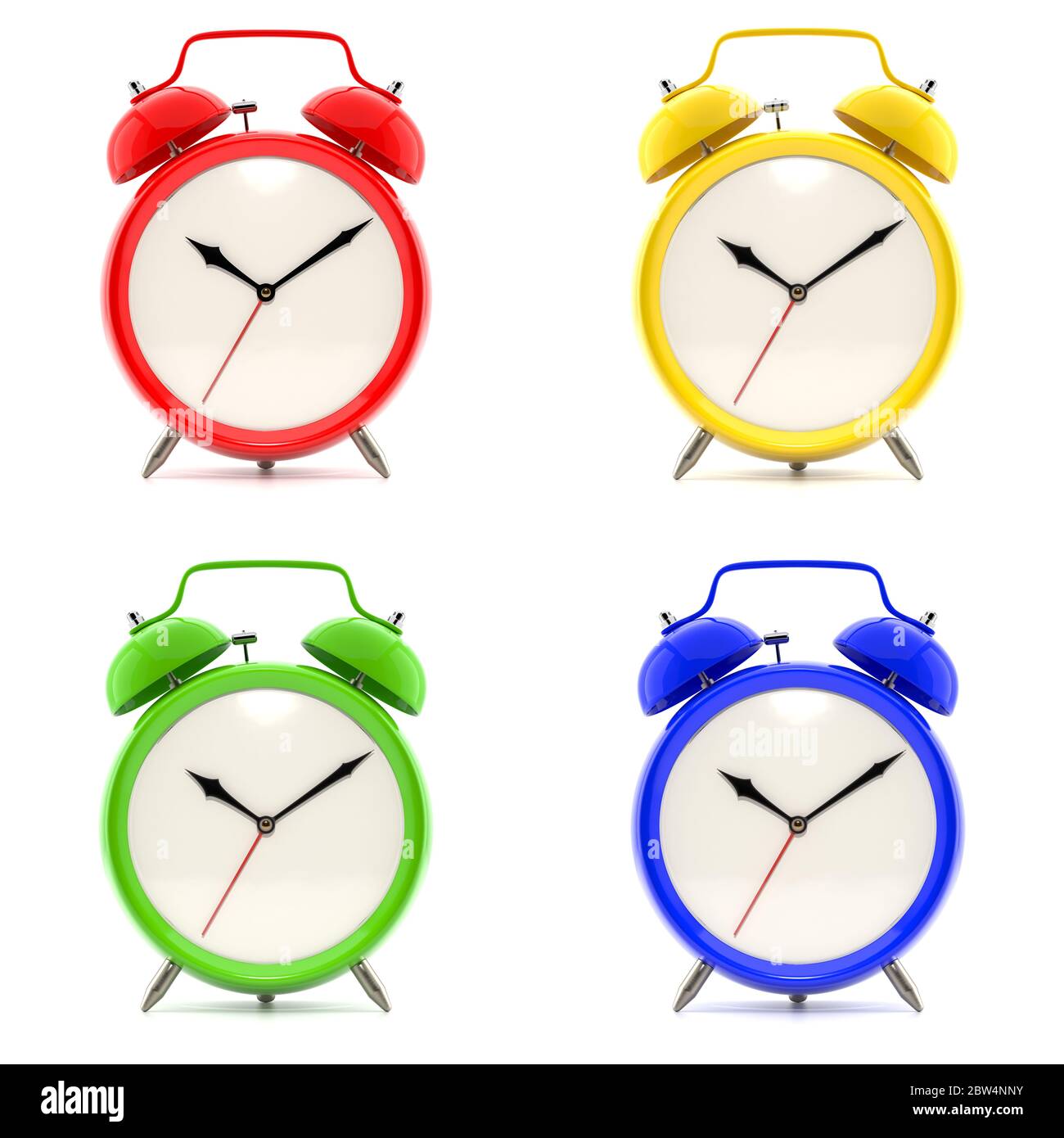 Set of 4 colorful alarm clocks Stock Photo - Alamy