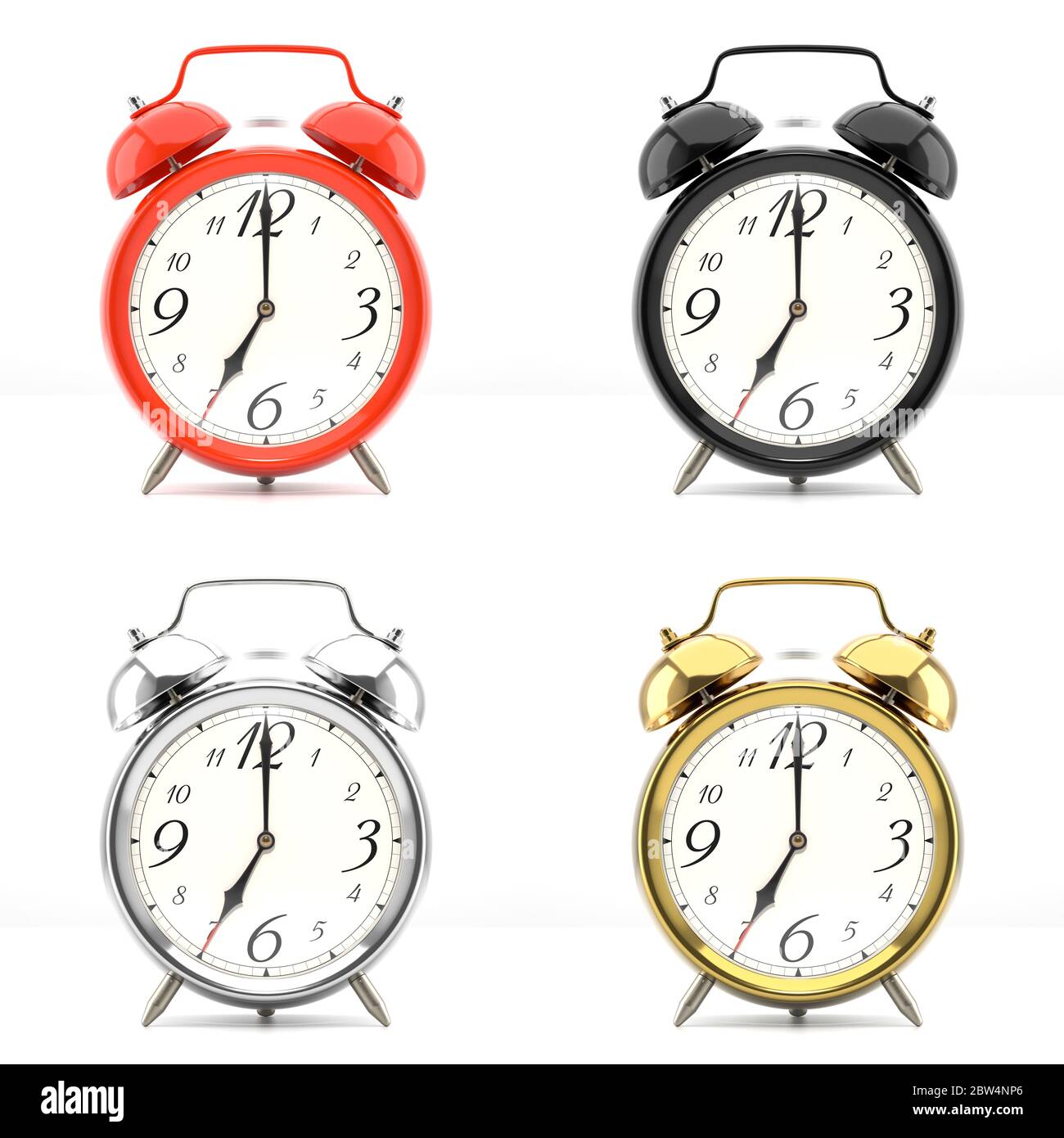 Set of 4 colorful alarm clocks isolated on white 3D illustration Stock ...