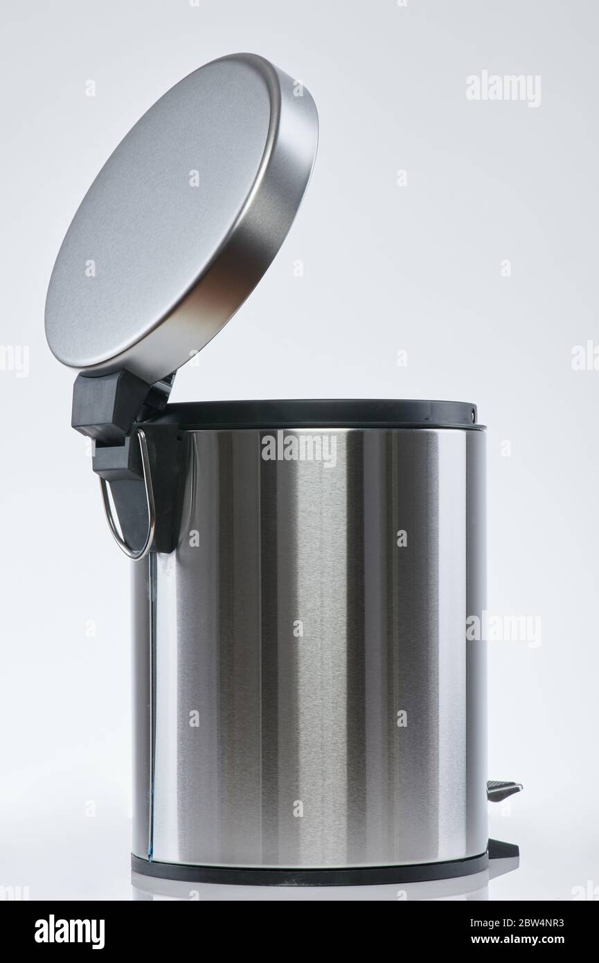 Aluminum shiny rubbish bin with open lit isolated back view Stock Photo ...