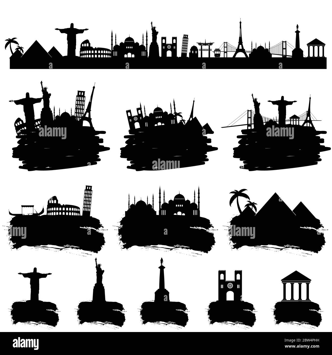 ancient famous world monument set in black color illustration Stock ...