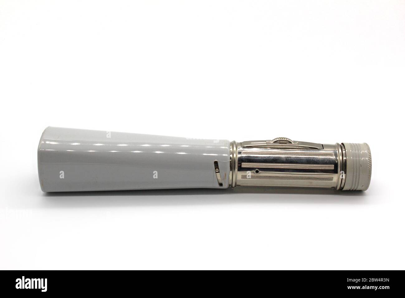 Vintage metal flashlight torch, isolated on a white background Stock ...