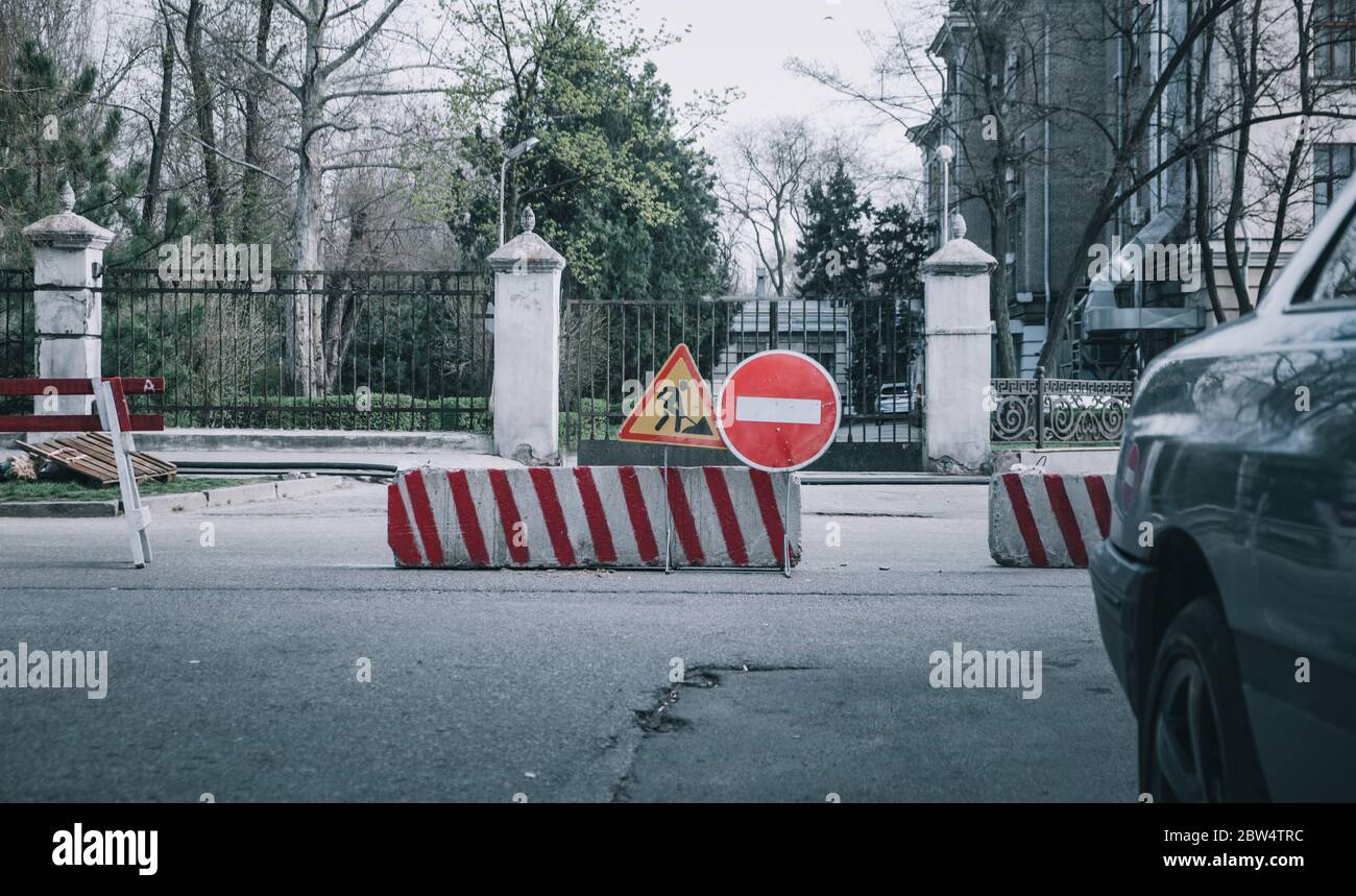 no entry sign on the road. traffic sign no entry. barrier at the road ...