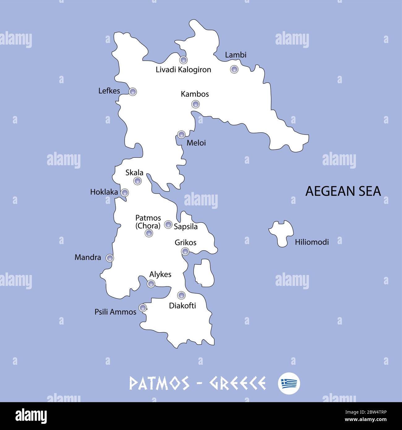 island of patmos in greece white map and blue background illustration ...