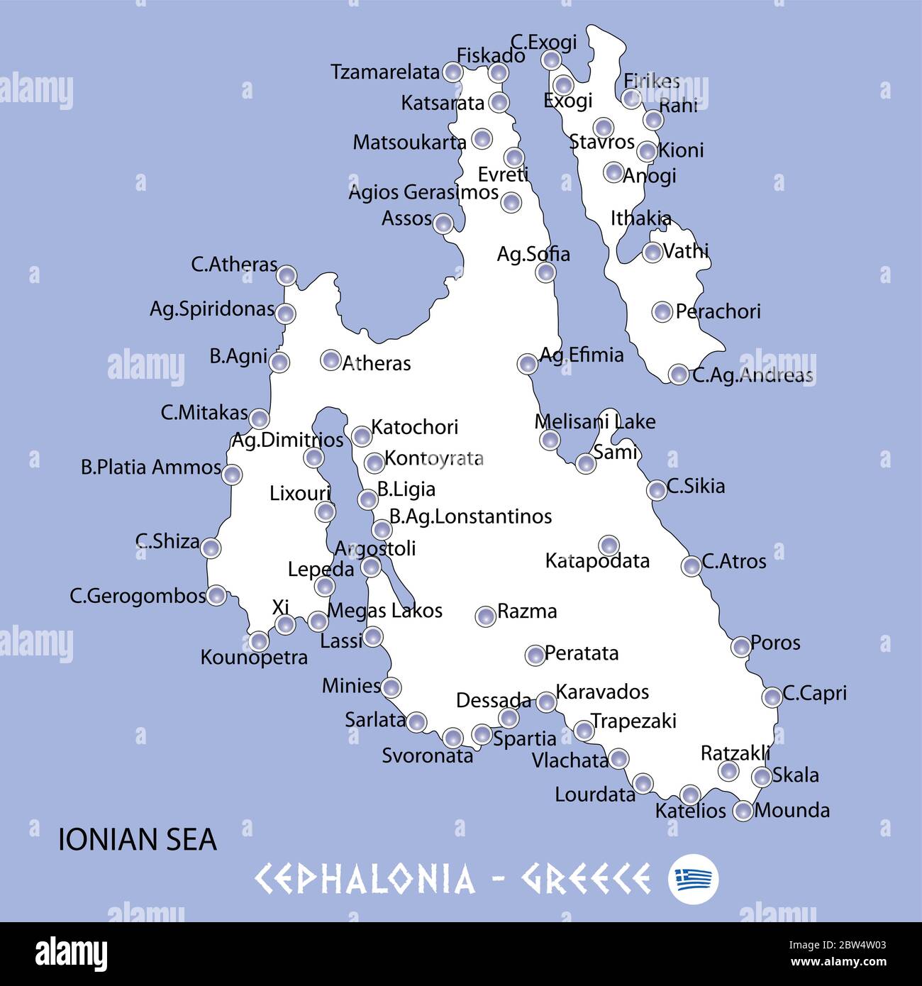 island of cephalonia in greece white map and blue background ...
