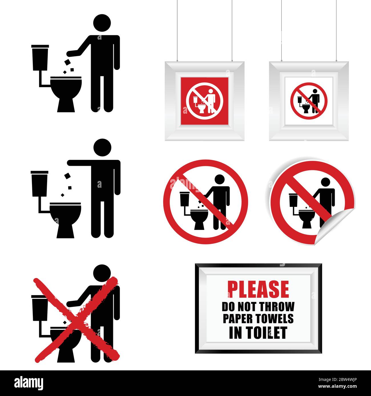 no throw paper towels in toilet sign set illustration in colorful Stock ...