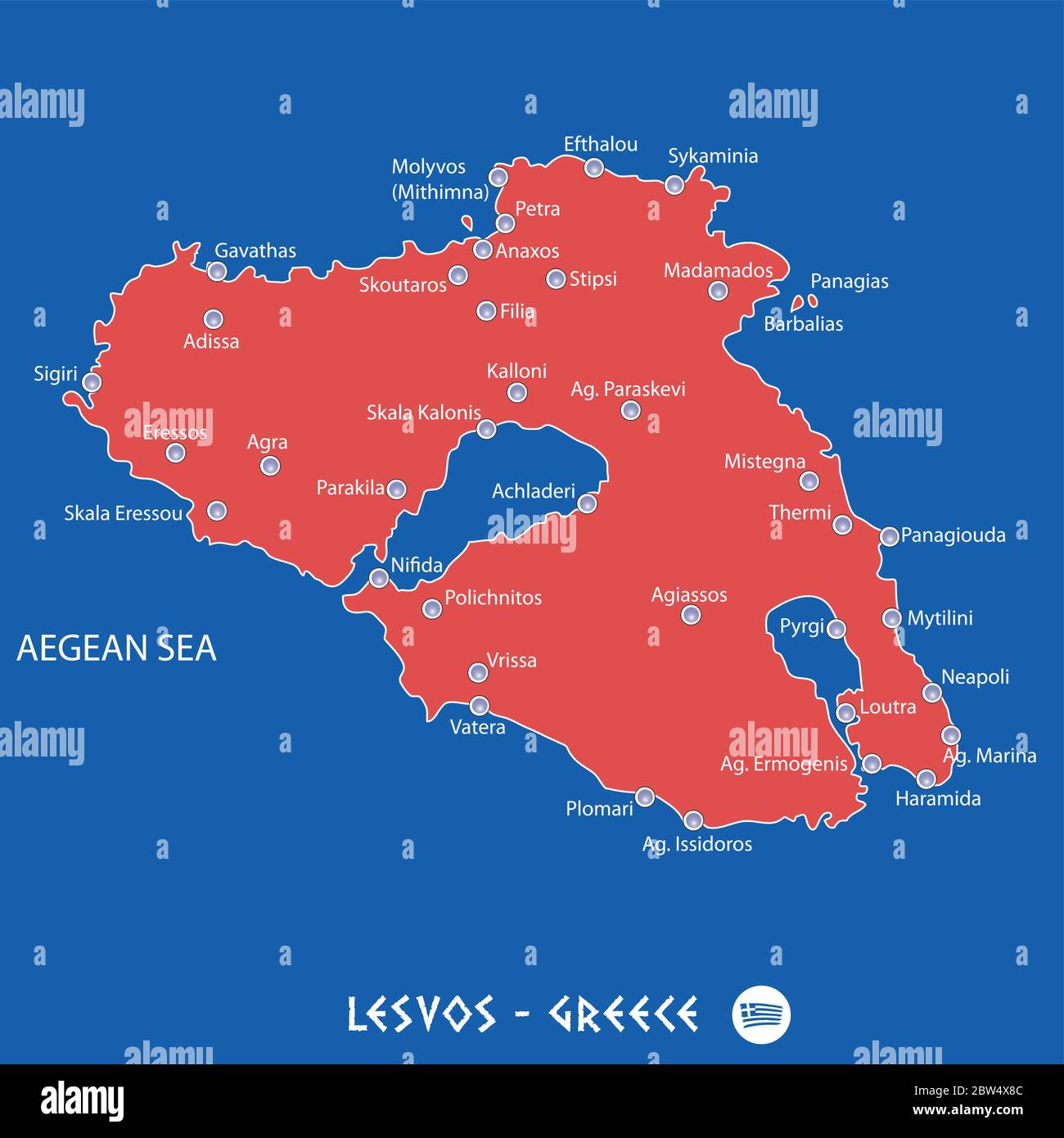 island of lesvos in greece red map illustration in colorful Stock ...