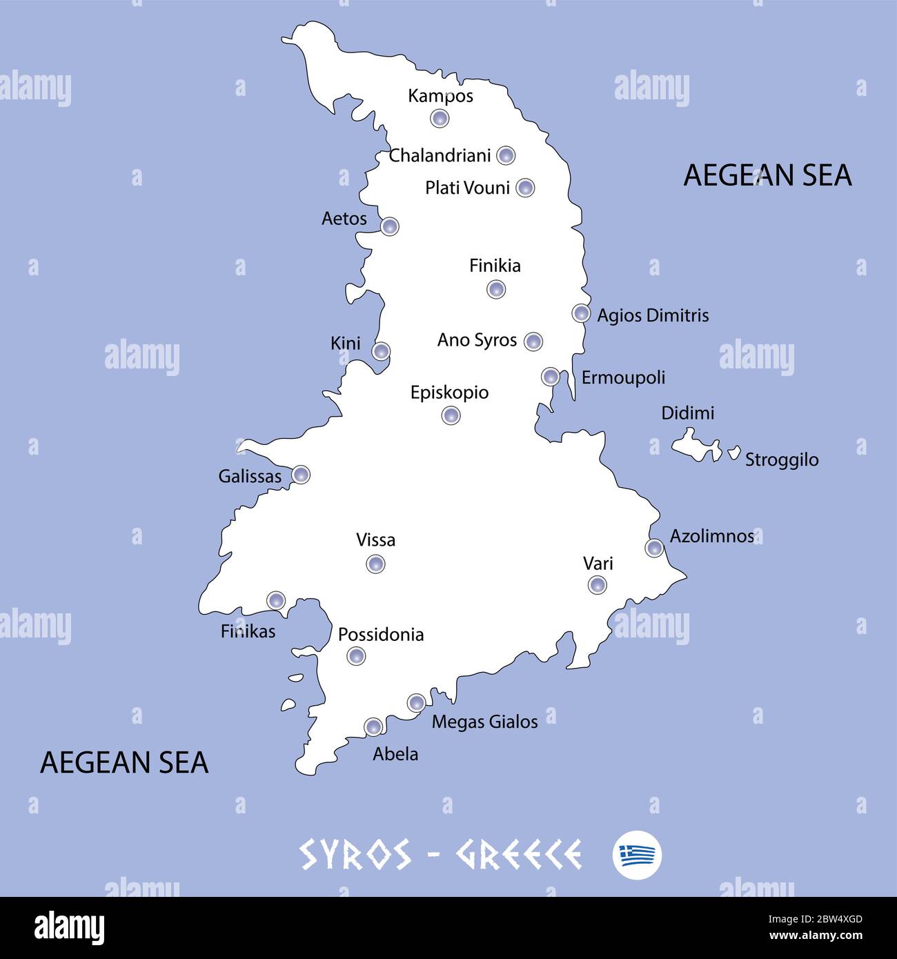 island of syros in greece white map and blue background illustration in ...