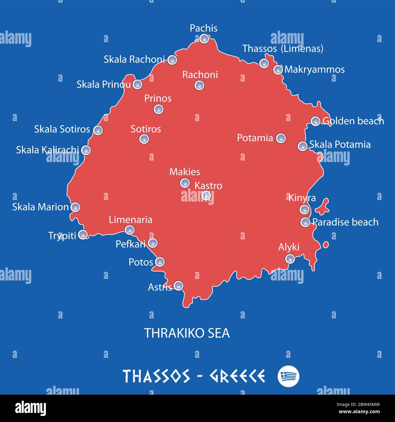 island of thassos in greece red map illustration in colorful Stock ...