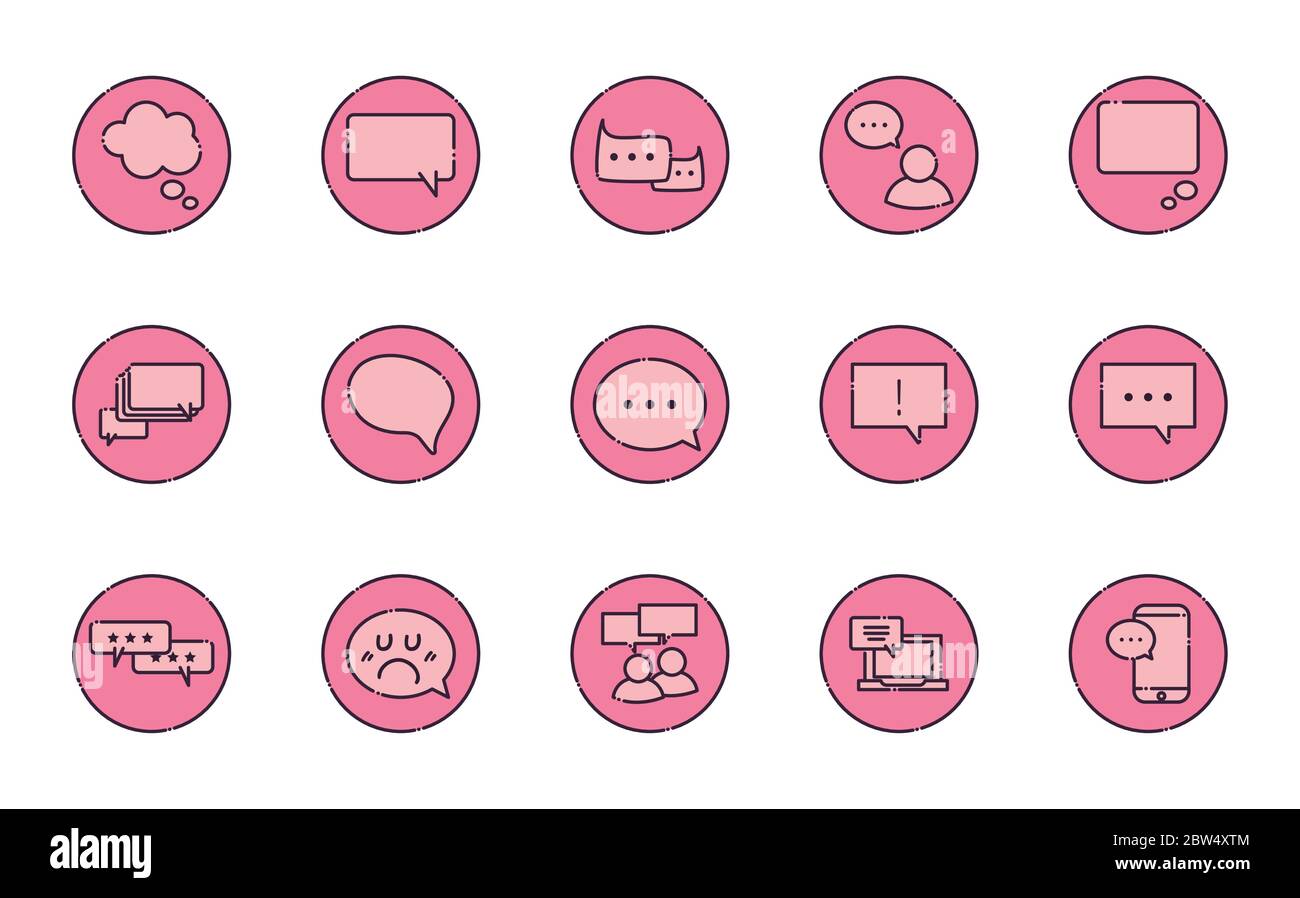 Communication bubbles fill style icon set design, Message discussion ...