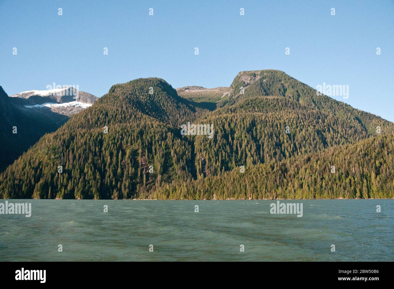 The mountain fjords and glacial river fed waters of Owikeno Lake, in ...