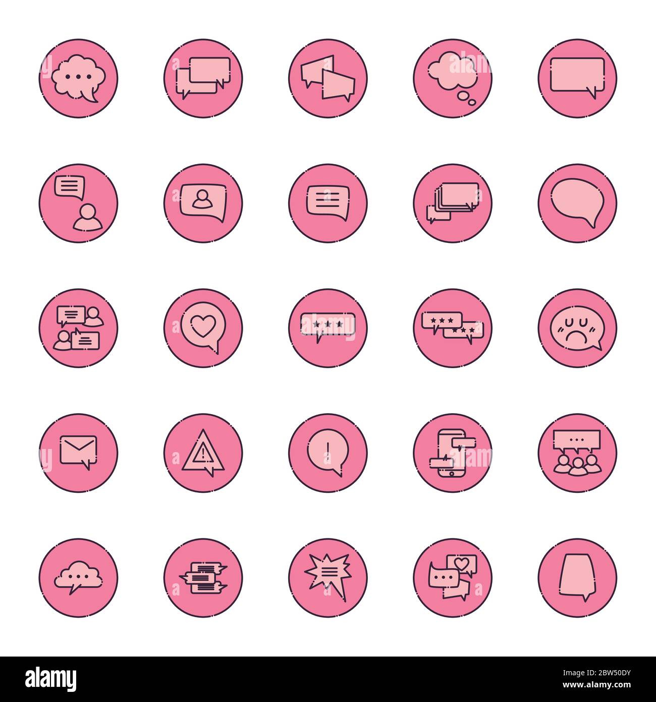 Communication bubbles fill style icon set design, Message discussion ...