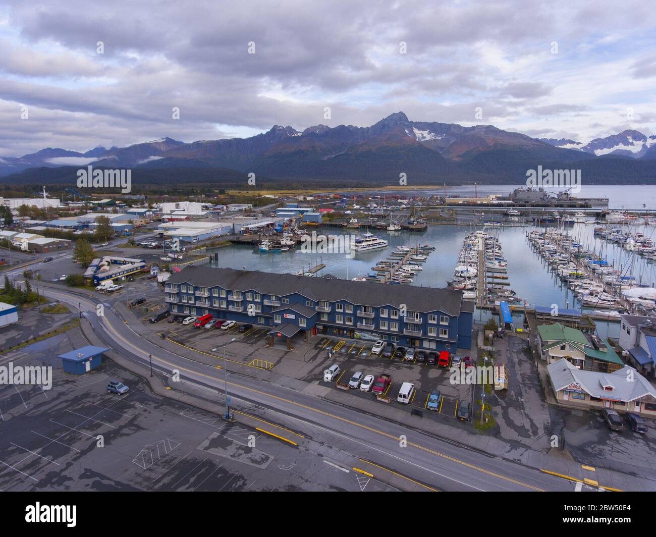 Aerial view of Seward Boat Harbor and waterfront in fall, Seward, Kenai ...