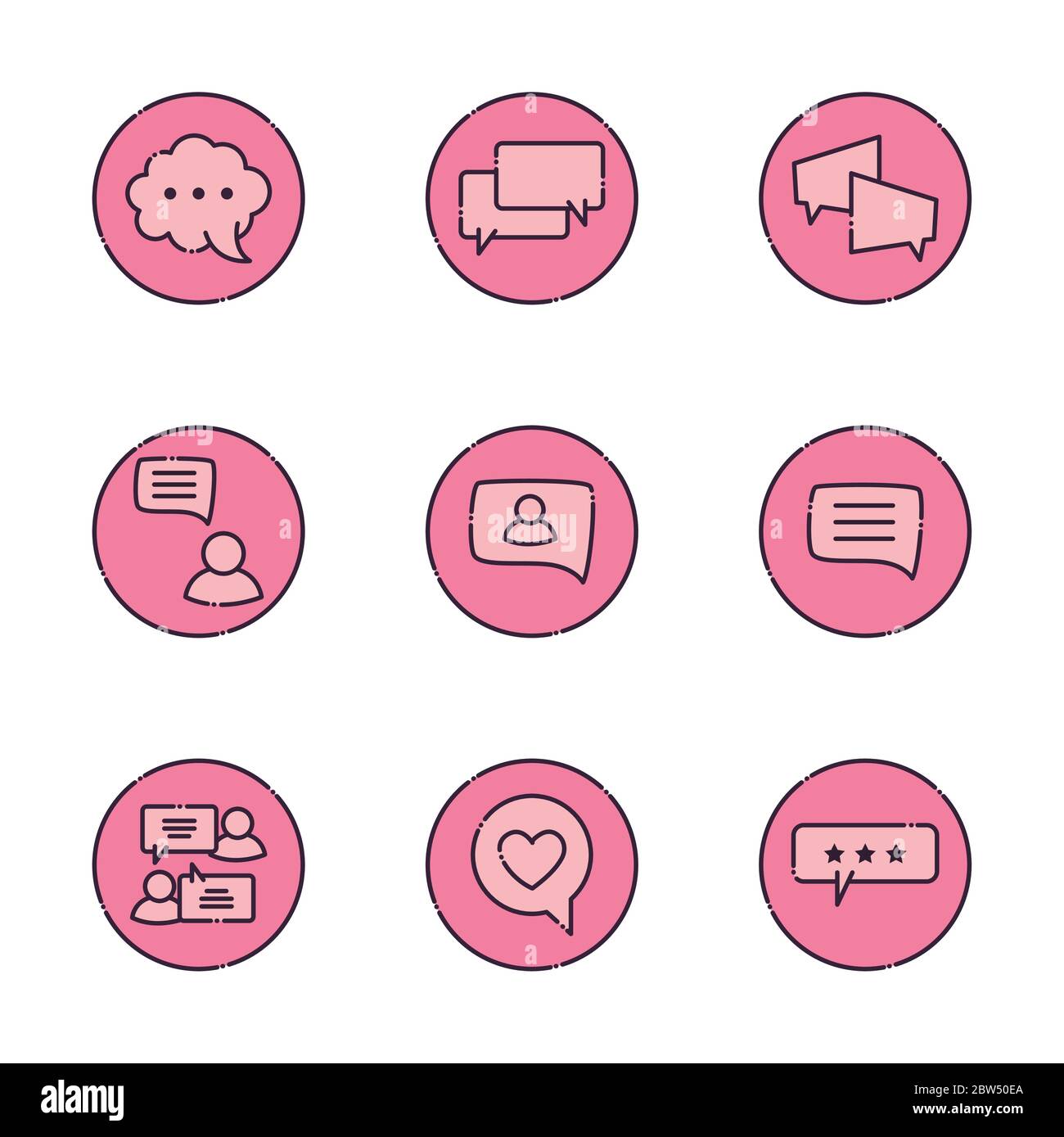 Communication bubbles fill style icon set design, Message discussion ...