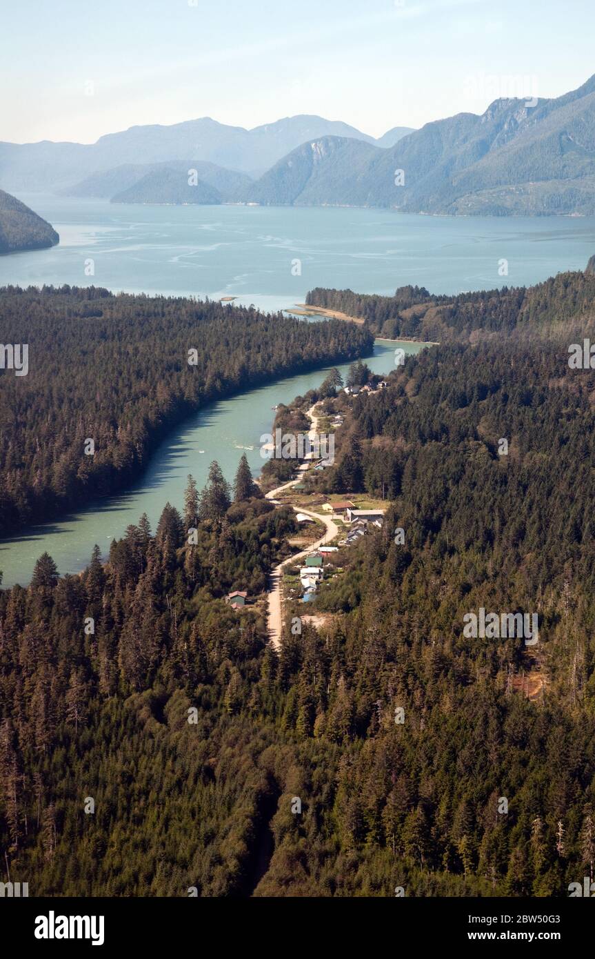 An aerial view of a Wuikinuxv First Nation village, the Wannock River ...
