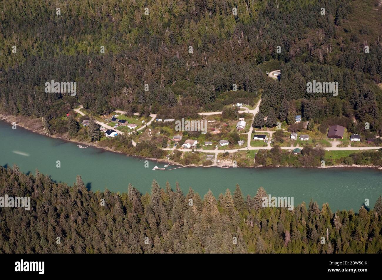 An aerial view of the Wuikinuxv First Nation village and the Wannock ...