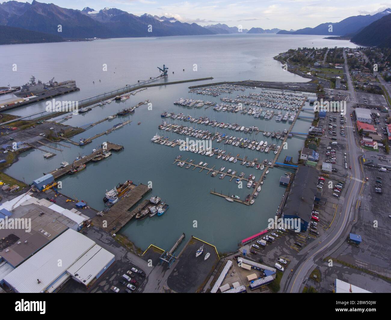 Aerial view of Seward Boat Harbor and waterfront in fall, Seward, Kenai ...