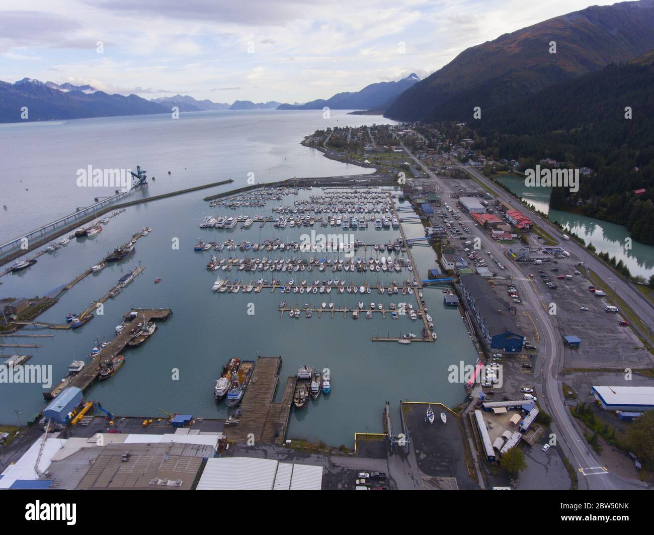 Aerial view of Seward Boat Harbor and waterfront in fall, Seward, Kenai ...