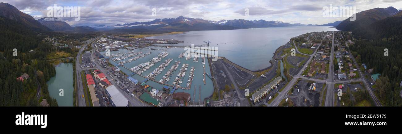 Aerial view of Seward Boat Harbor and waterfront in fall, Seward, Kenai ...