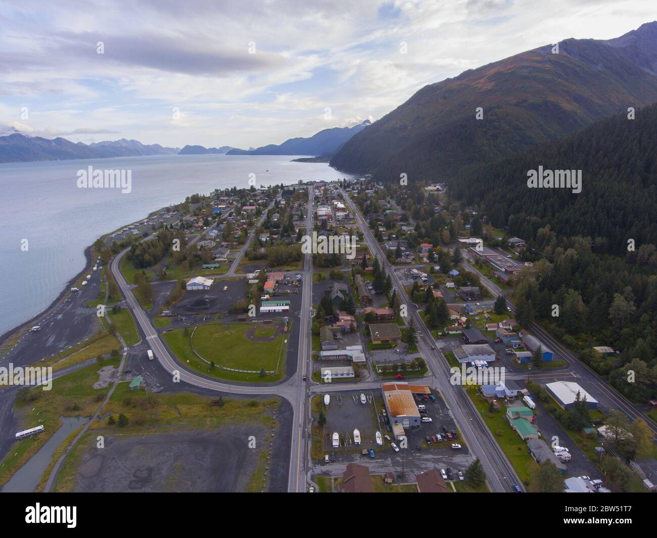 Aerial view of Seward Boat Harbor and waterfront in fall, Seward, Kenai ...