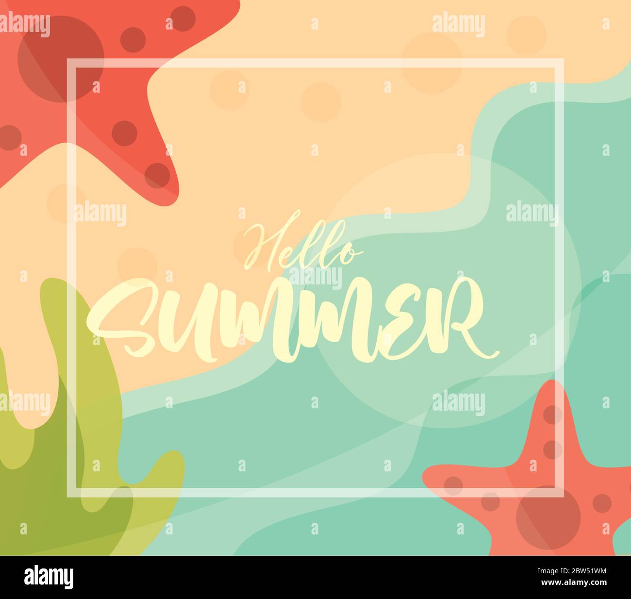 hello summer banner, beach starfishes season vacations travel concept ...