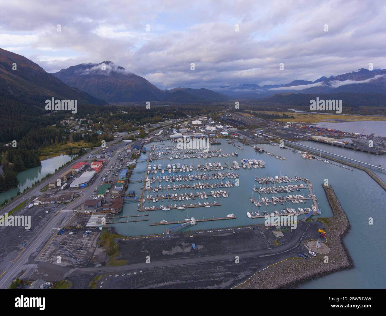 Aerial view of Seward Boat Harbor and waterfront in fall, Seward, Kenai ...