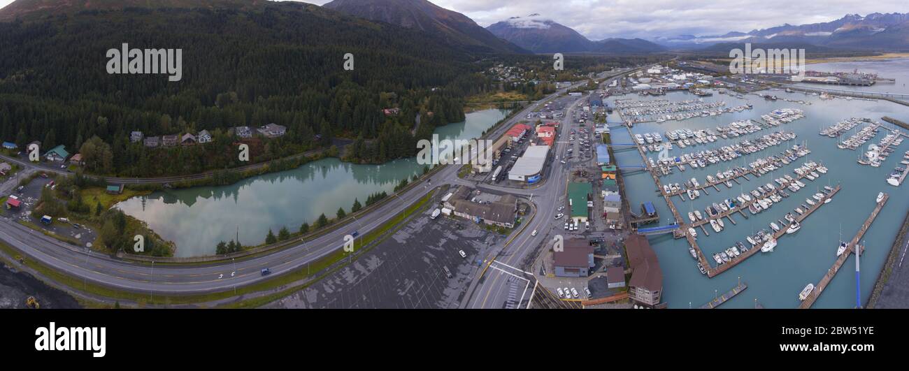 Aerial view of Seward Boat Harbor and waterfront in fall, Seward, Kenai ...