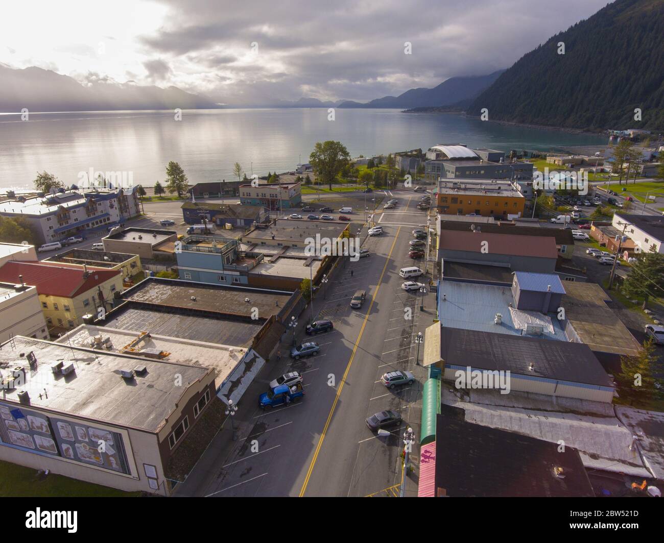 Aerial view of Seward city center and waterfront in fall, Seward, Kenai ...