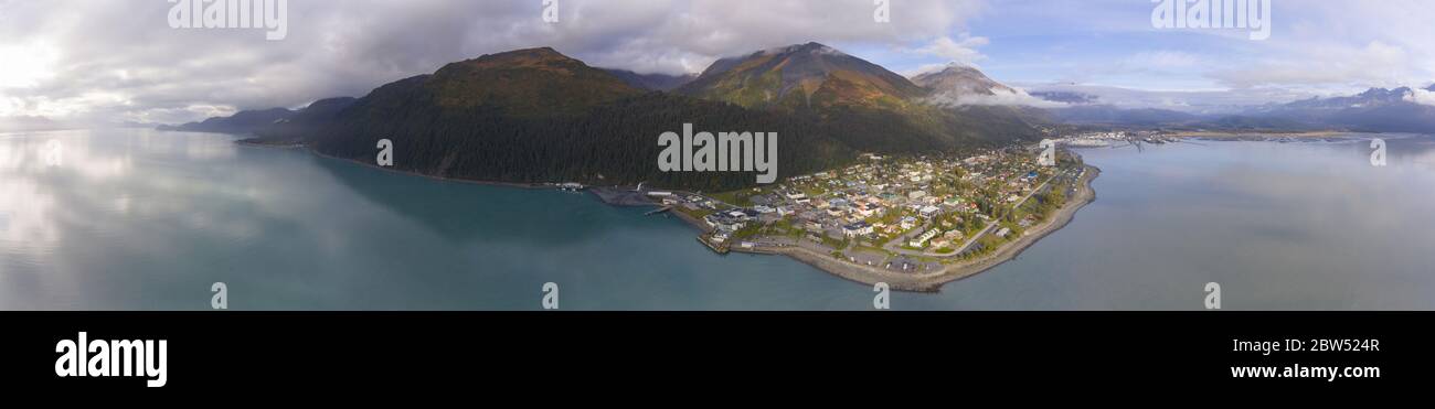 Aerial view of Seward city center and waterfront in fall, Seward, Kenai ...